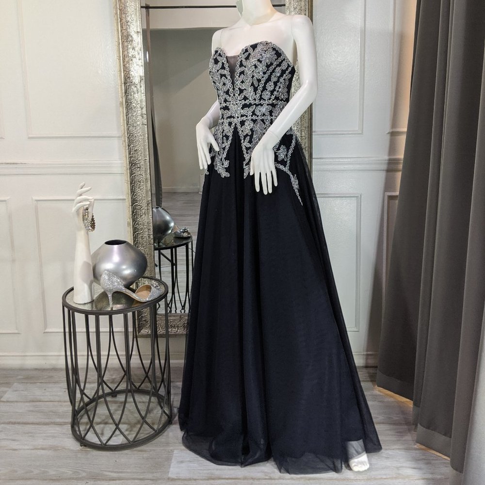Navy Blue And Silver Formal Evening Prom Dress Gown - Gem